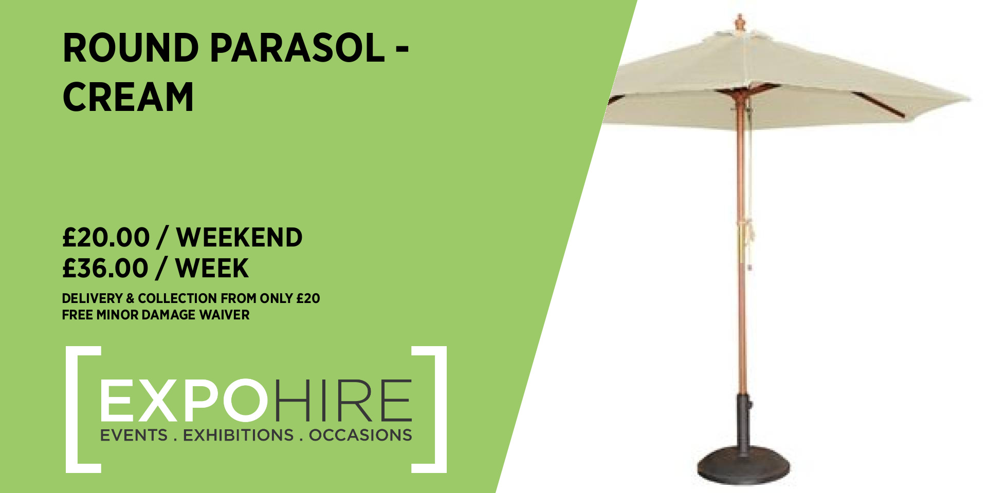 Cream Parasol Hire • £20 / 3 Days • Expo Hire